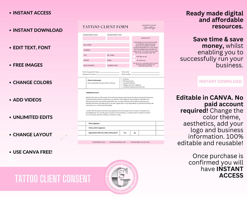 Tiny Tattoo Client Consent, Tattoo Record Forms, Small Business Beauty ...