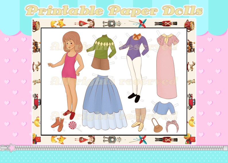 Paper Doll With Clothes PRINTABLE Vintage Retro Model Dress Skirt Shoes ...
