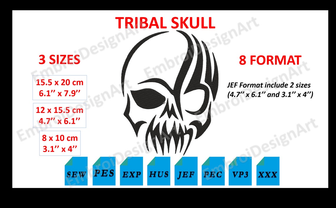 Skull Tribal Machine Embroidery Design, Instant Download in 3 Different ...