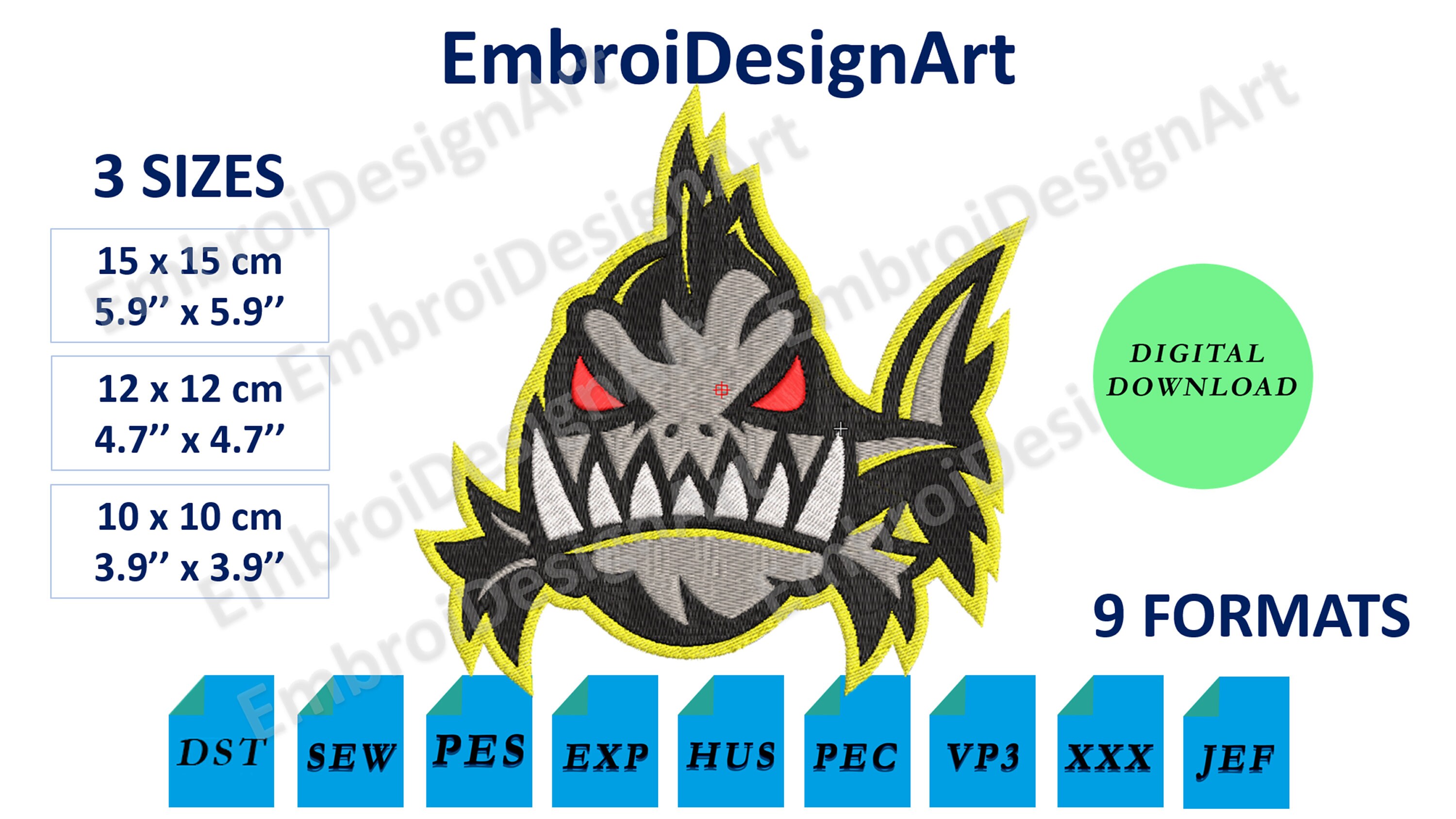 Piranha, Angry Fish, Anime Machine Embroidery Design, Instant Download ...