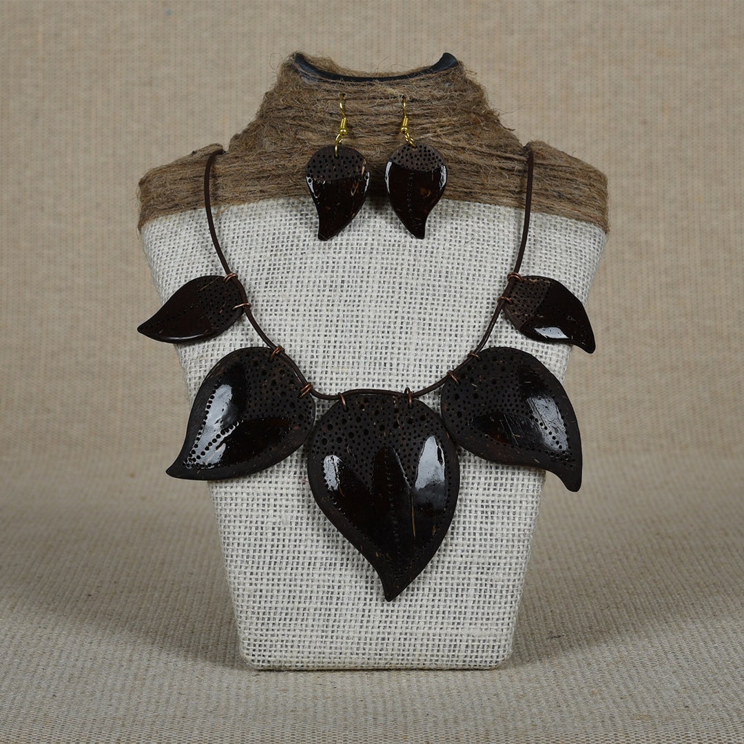 N&H Handmade Coconut Shell Leaves Shaped Necklace With Earrings Set ...