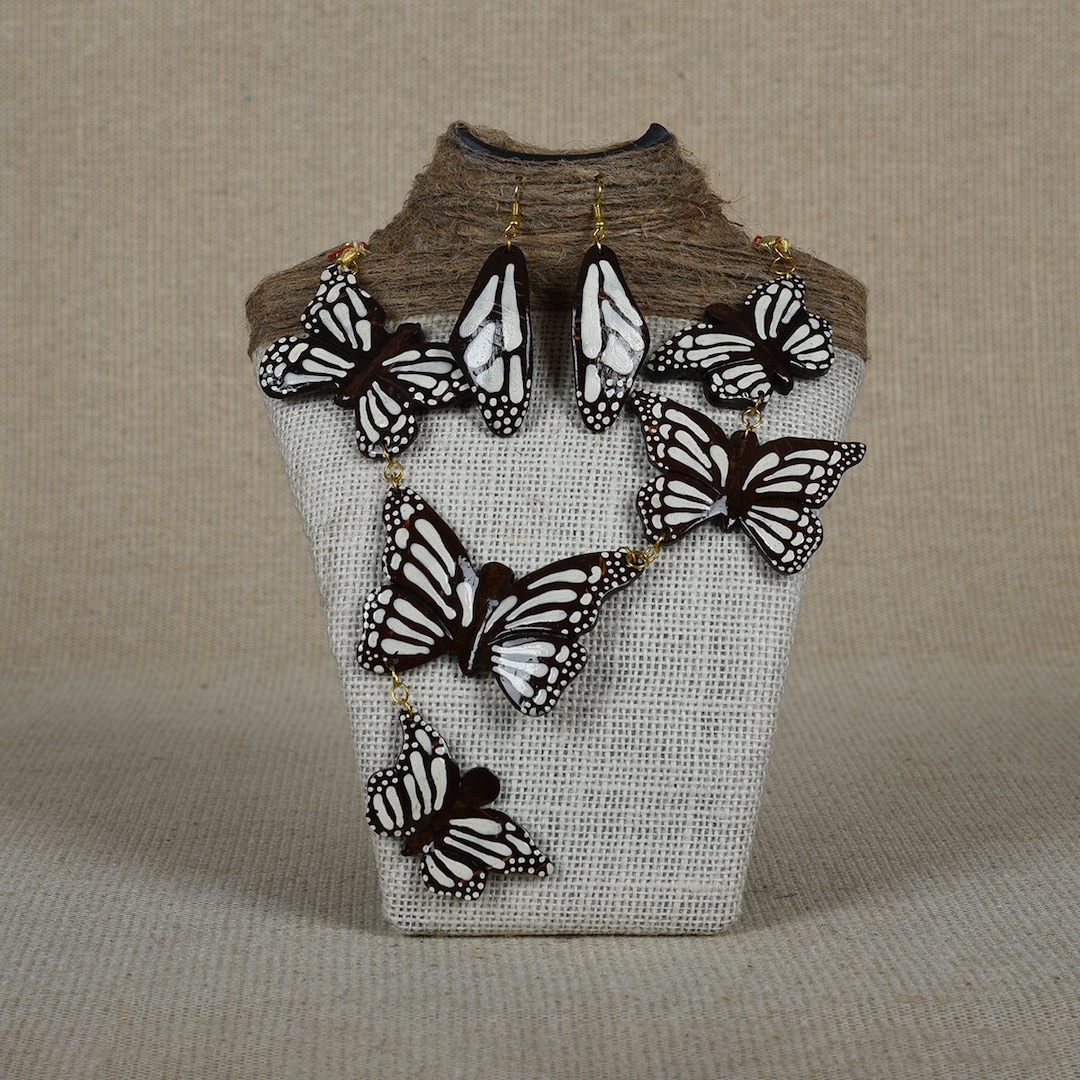 N&H Handmade Coconut Shell Butterfly Design Necklace With Earrings Set ...