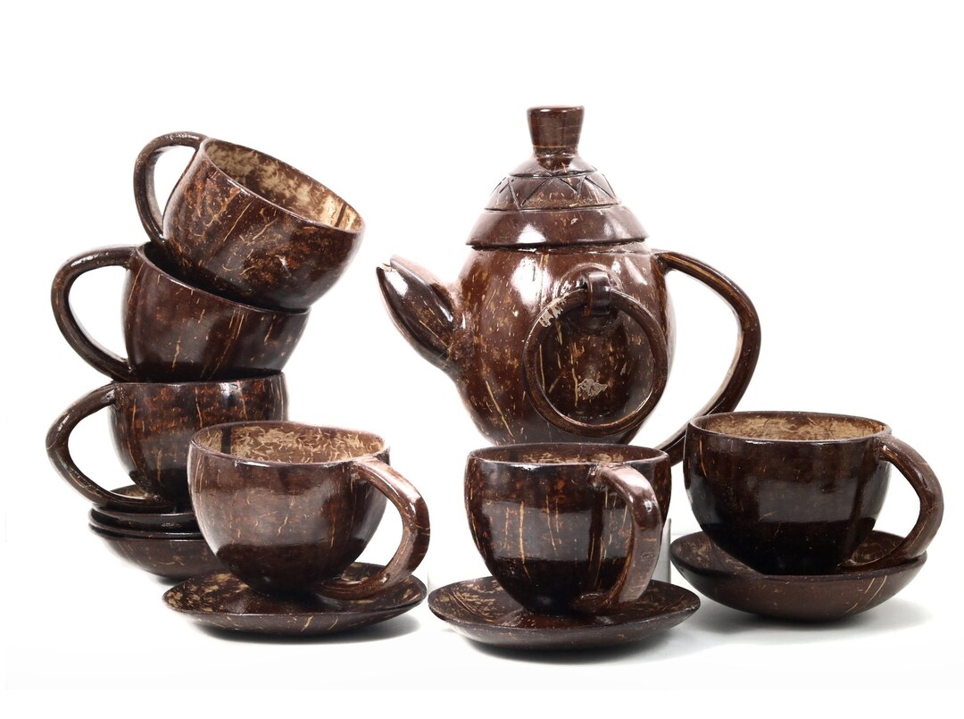 N & H Decorative Handmade Coconut Shell Tea Set With Teapot 6 - Etsy