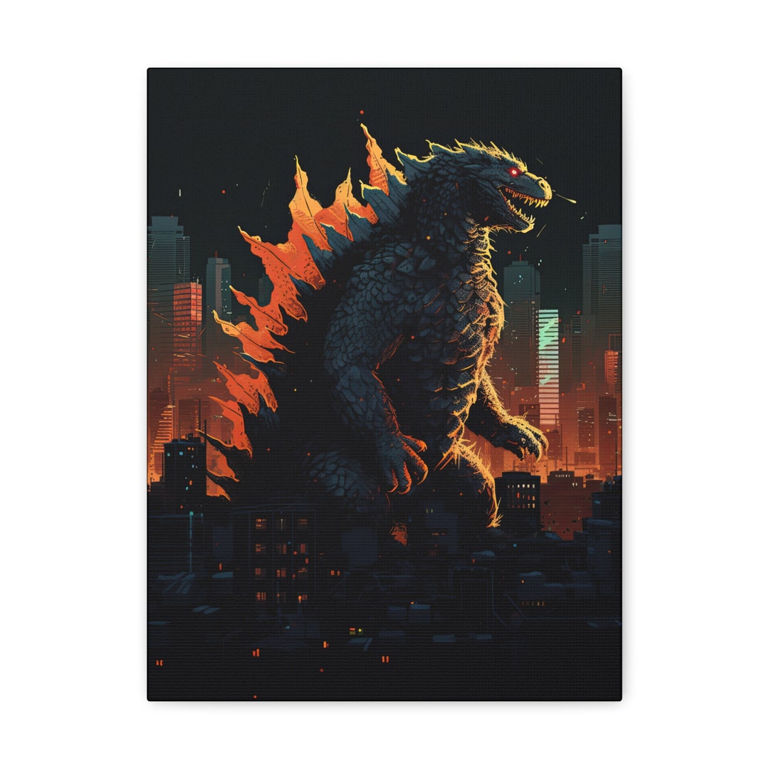 8 Bit Retro Godzilla Destroys City Canvas Wrap Artwork - Etsy