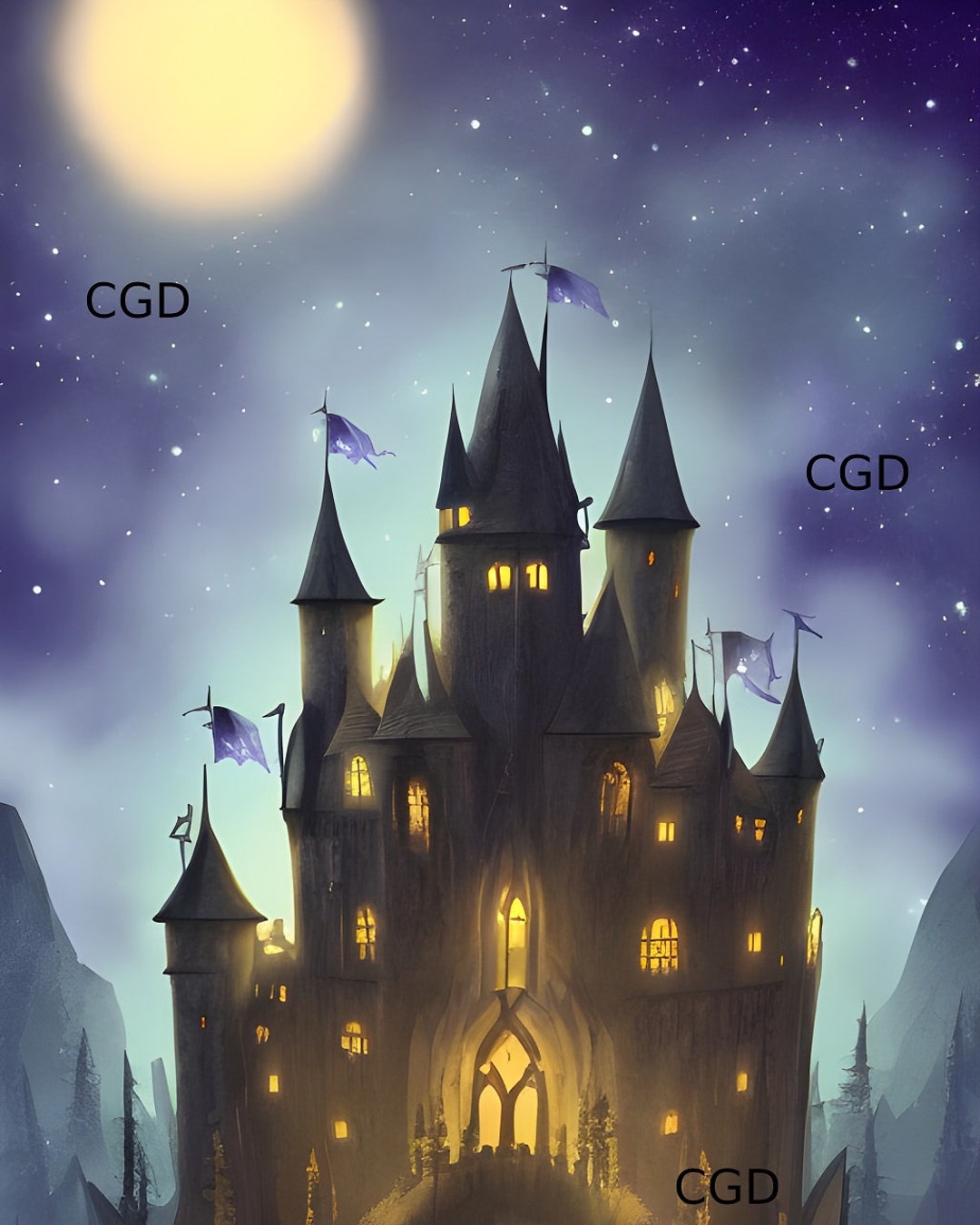 Digital Artwork Fantasy Castle at Night, Palace, Gothic Architecture ...
