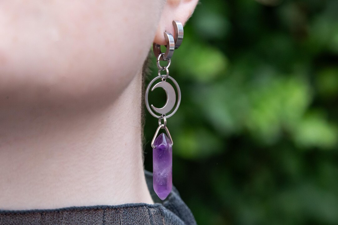 Cult of Dionysus - Natural Amethyst Crystal and Moon Charm Earrings in ...