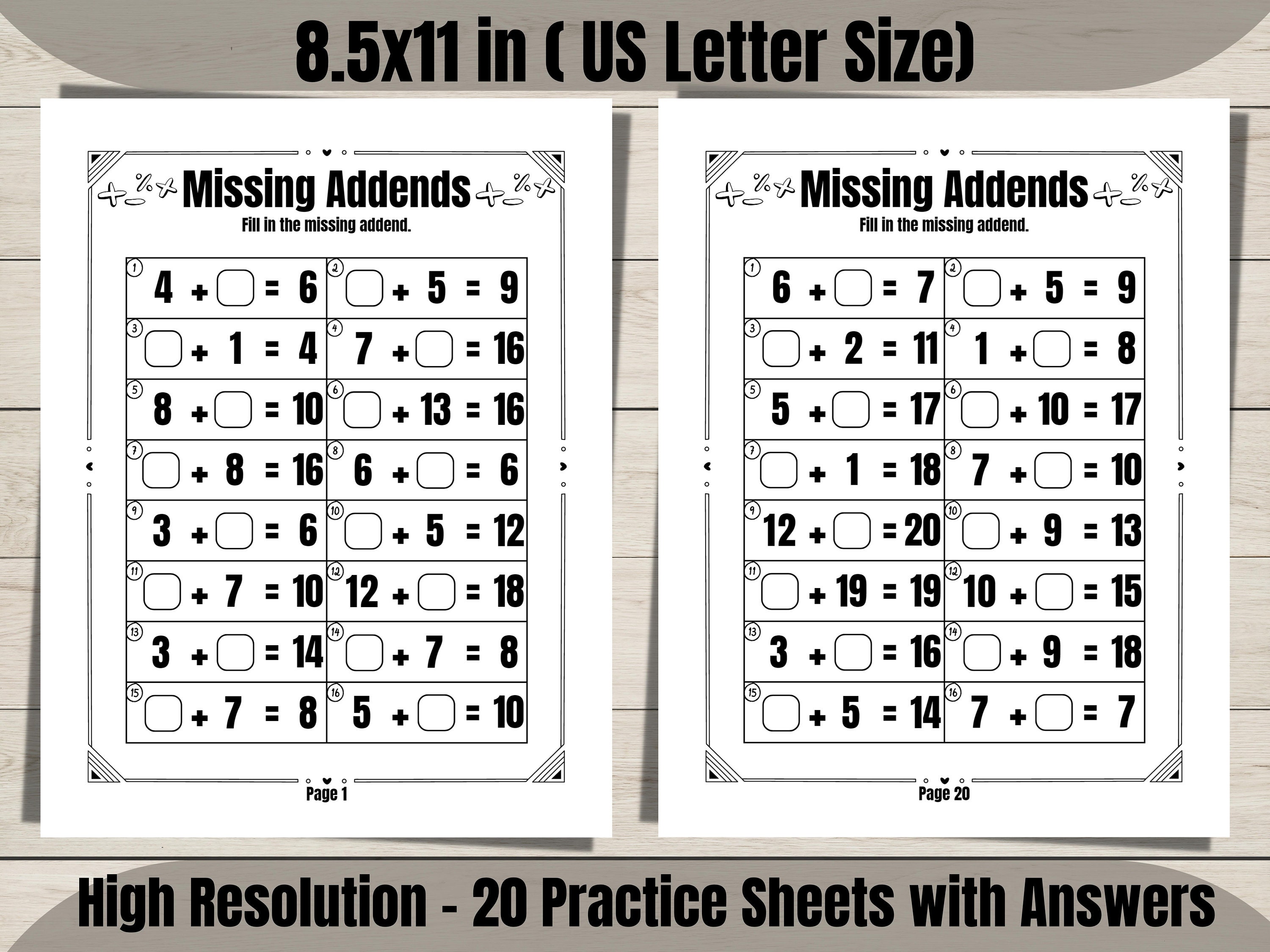 20 Missing Addends Math Worksheets for Kindergarten-1st Grade-2nd Grade ...