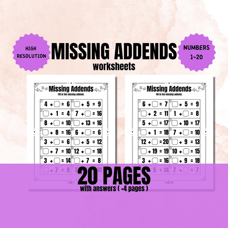 20 Missing Addends Math Worksheets for Kindergarten-1st Grade-2nd Grade ...