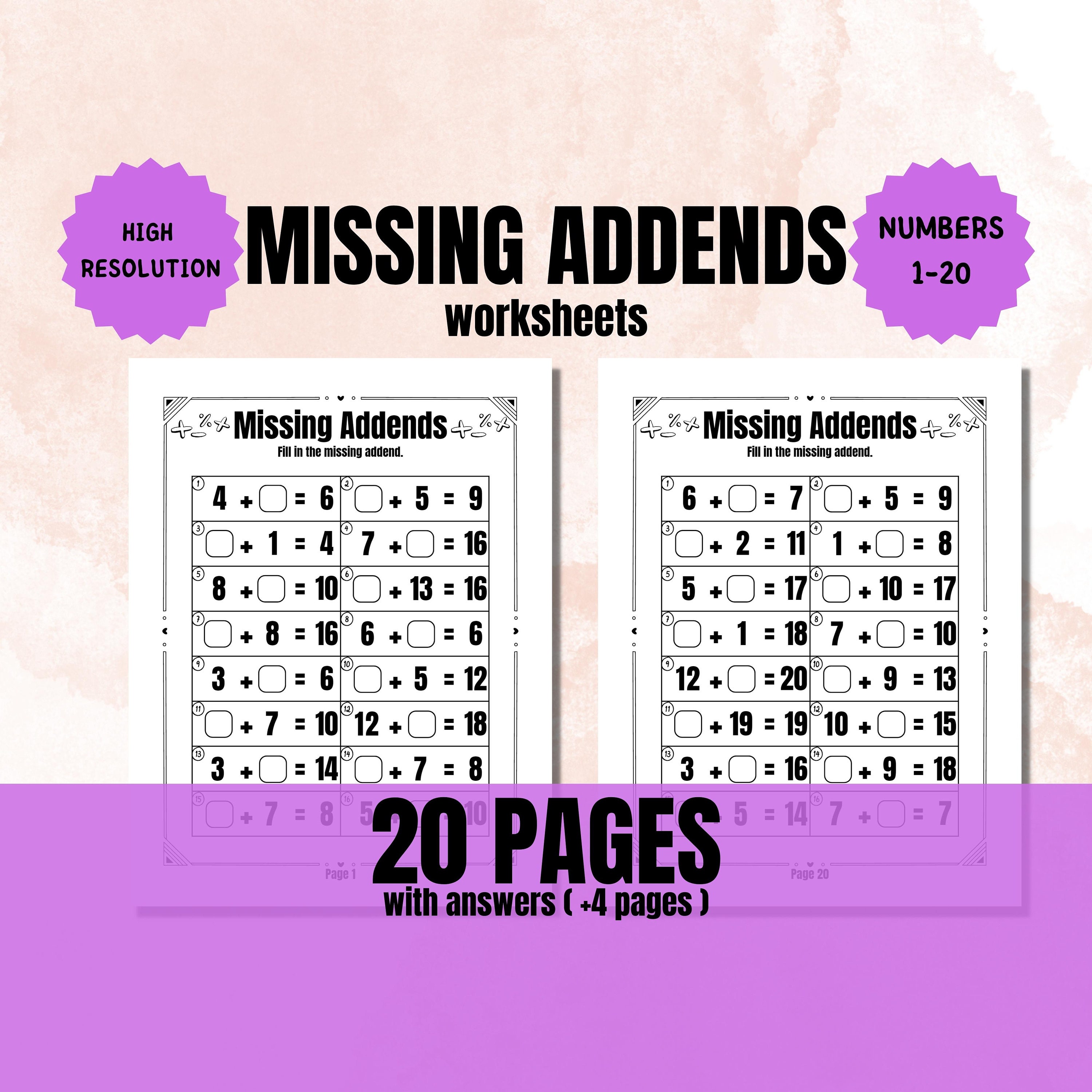 20 Missing Addends Math Worksheets for Kindergarten-1st Grade-2nd Grade ...