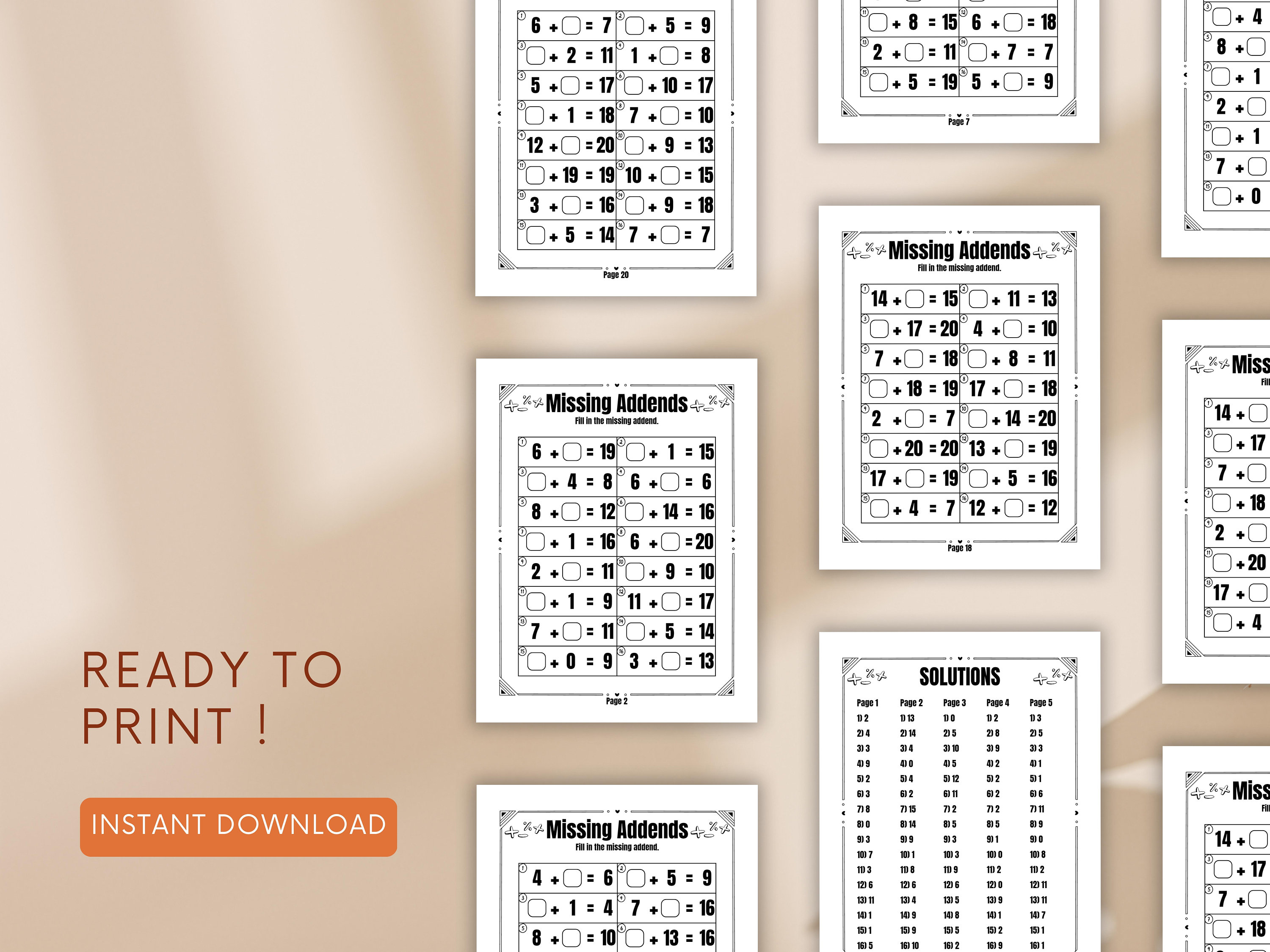 20 Missing Addends Math Worksheets for Kindergarten-1st Grade-2nd Grade ...