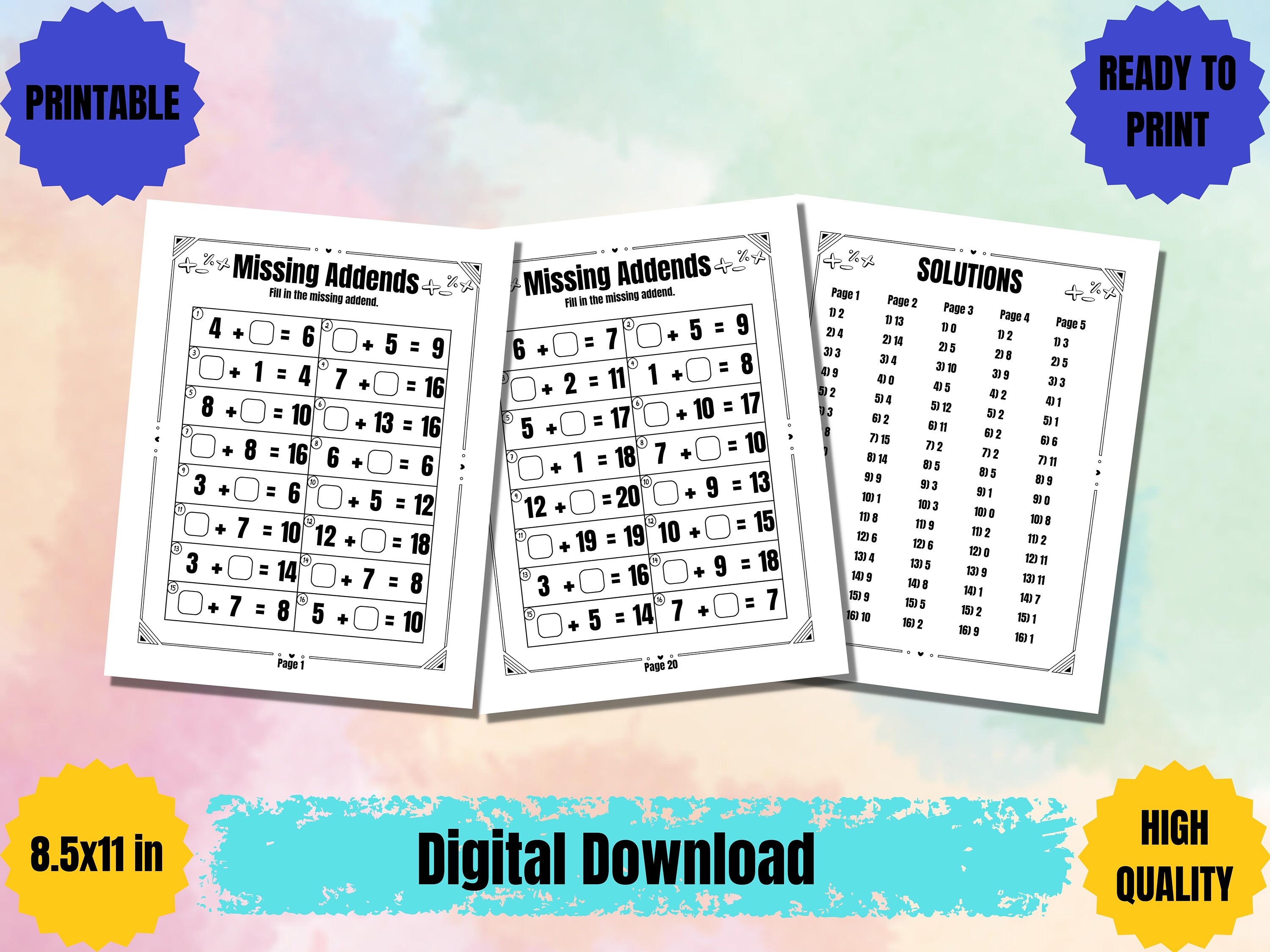 20 Missing Addends Math Worksheets for Kindergarten-1st Grade-2nd Grade ...