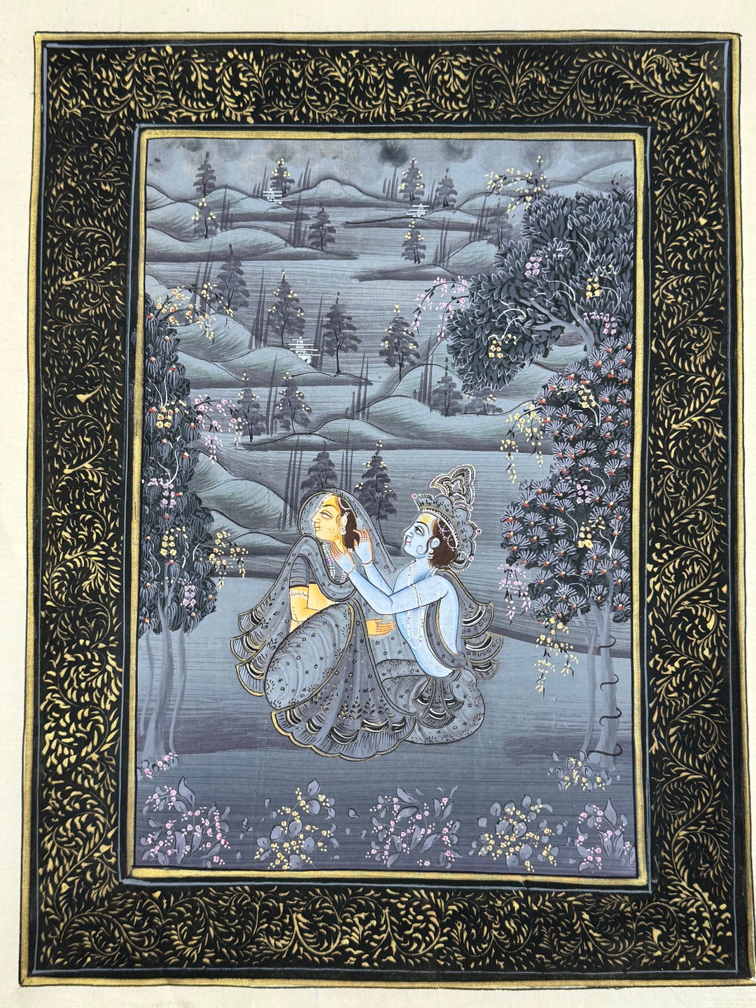 Radha Krishna and a Garden at Night Painted on Silk With Black and Gold ...
