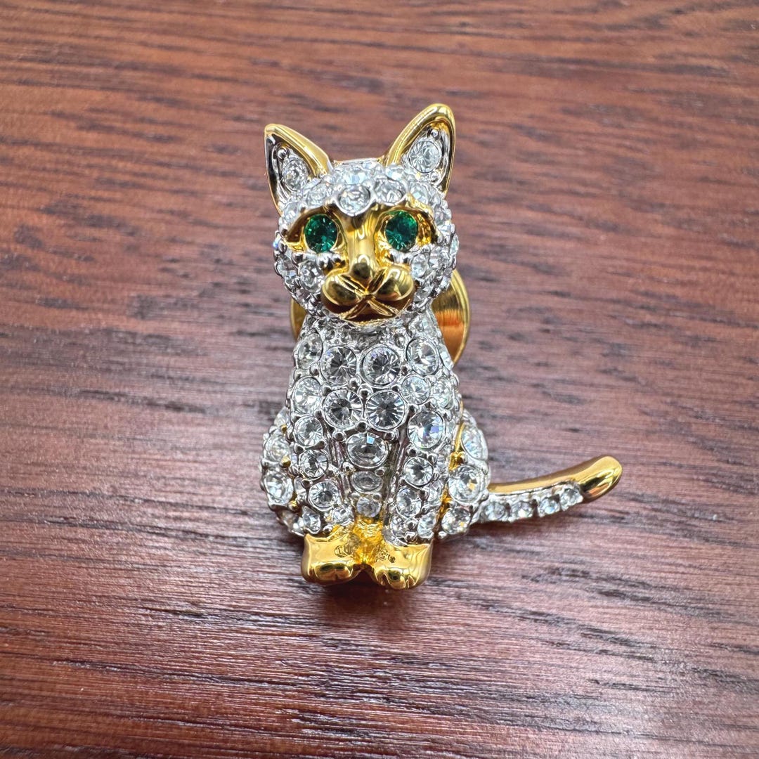 Vintage Swarovski Pave Crystal Cat Pin With Green Eyes. - Etsy