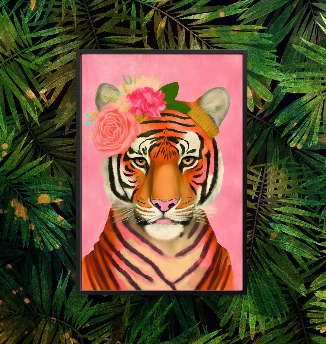 Pink Tiger Art Print Bold Pink Kitsch Floral Art Quirky Tiger Wall Art ...