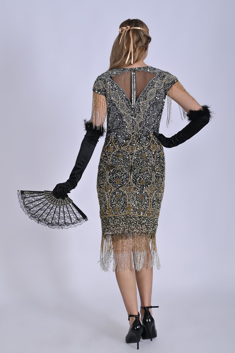 Size US14 Riri Black Gold Silver Flapper Fringe Tassel Dress 1920s Inspired Great Gatsby Art ...