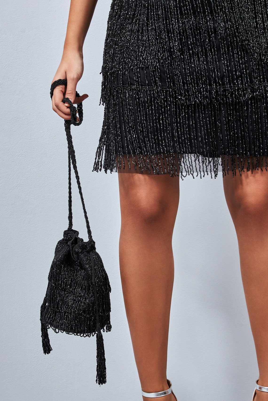 Black Fringe Tassel Bucket Bag Pouch Purse Swing 1920s Vintage Inspired ...