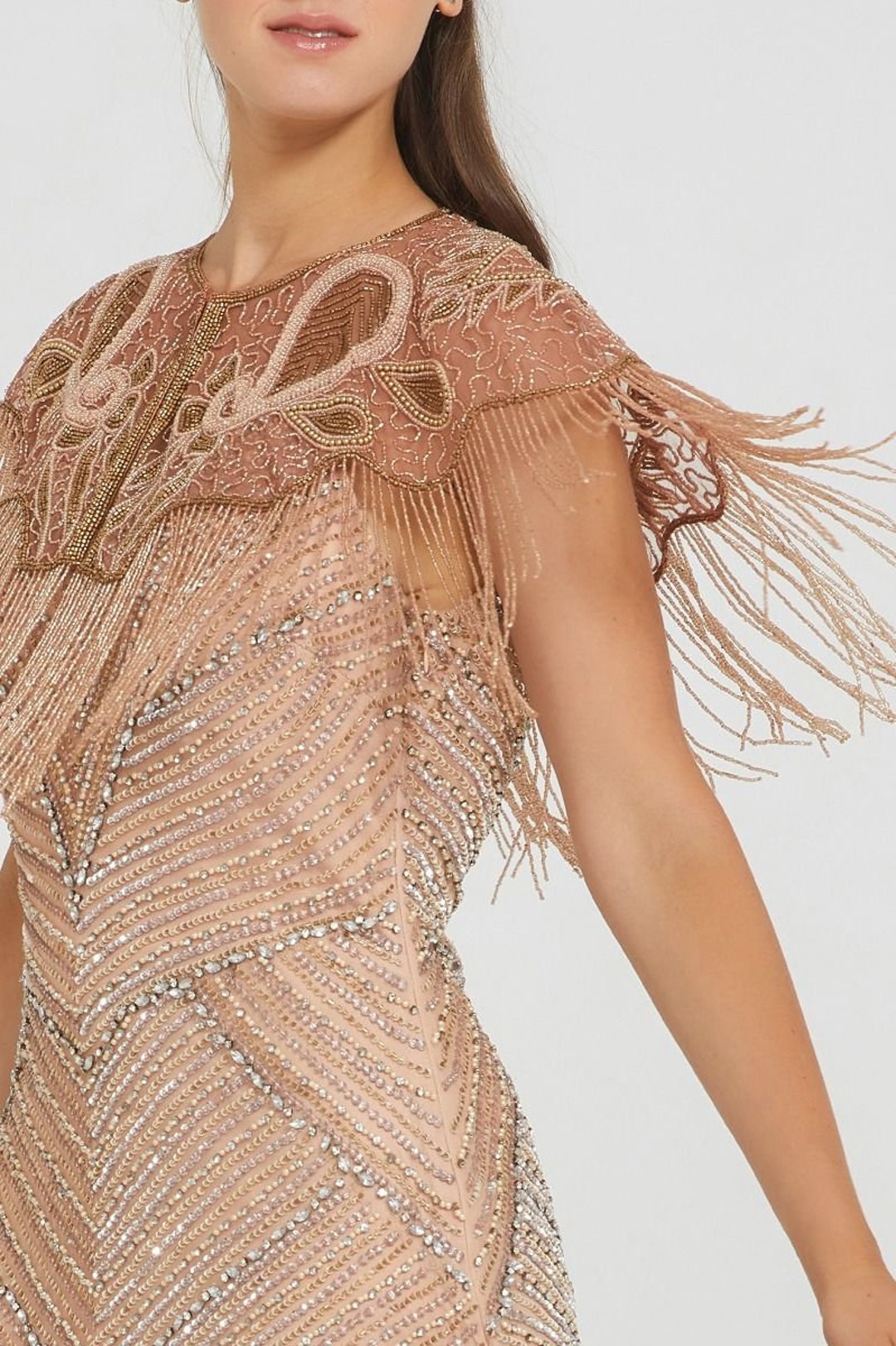 Rosegold Embellished Cape 1920s Inspired Flapper Wedding Prom Jacket ...