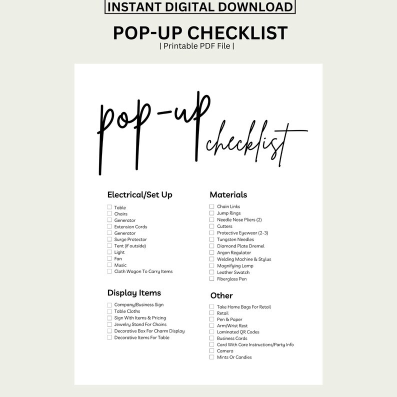Permanent Jewelry Pop-up Checklist - Etsy