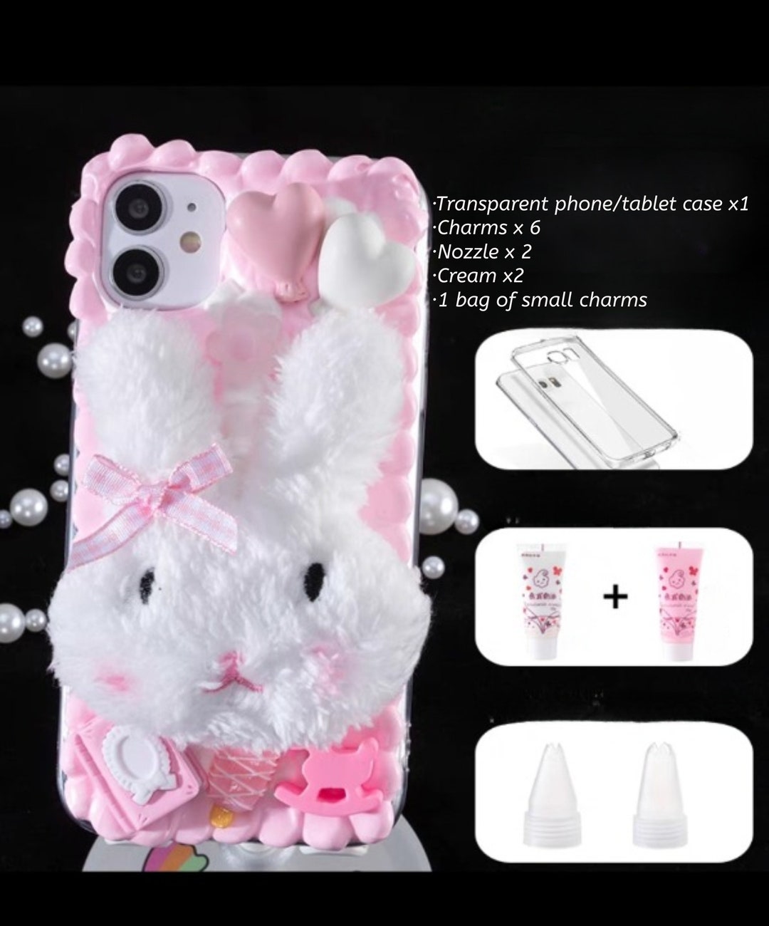 Decoden Phone Case DIY Kit | Furry Plush Rabbit Face Heart Balloons ...