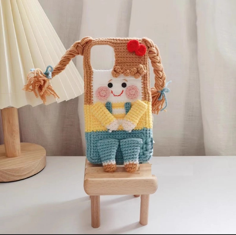 Kawaii Sitting Pigtail Girls DIY Knitted Phone Case Kit Finished ...