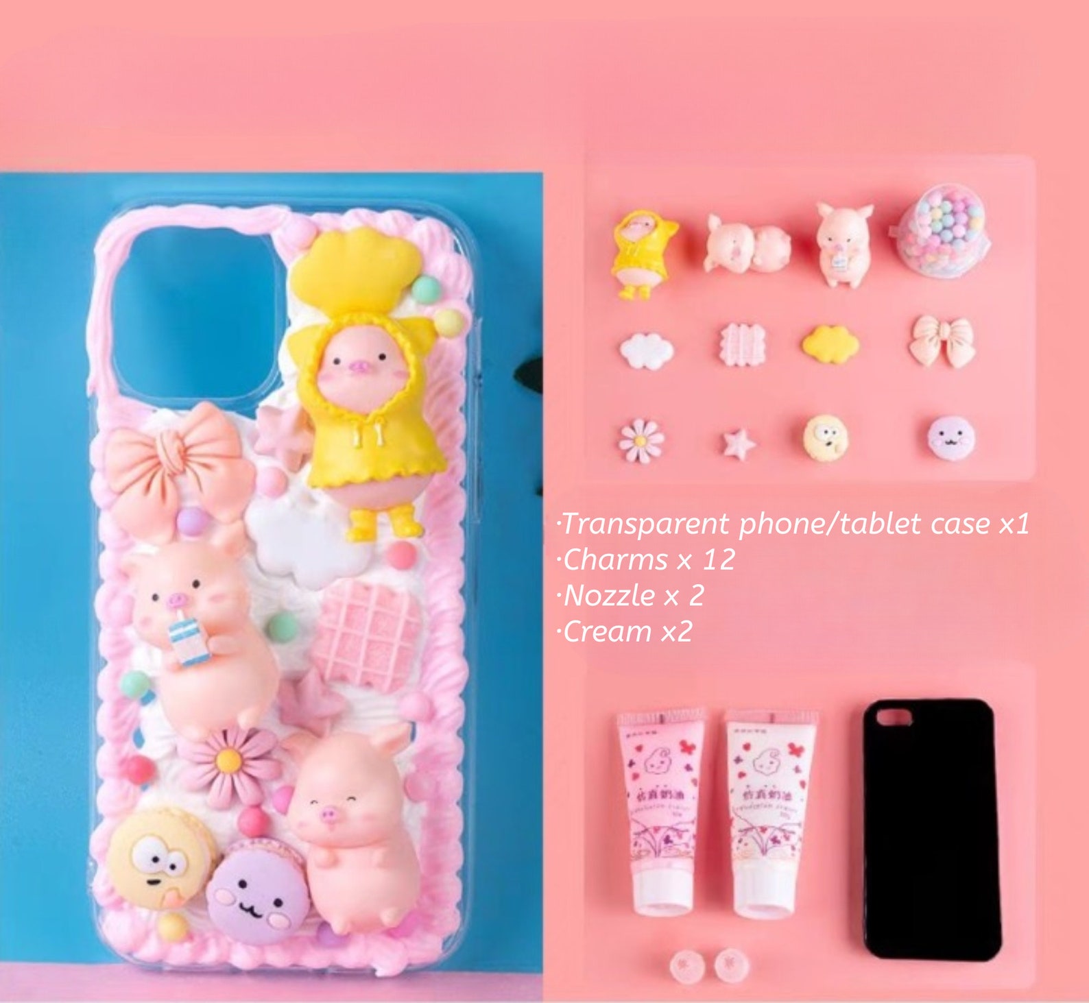 Decoden Phone Case DIY Kit Kawaii Pigs School Supplies Food Drinks Toys ...