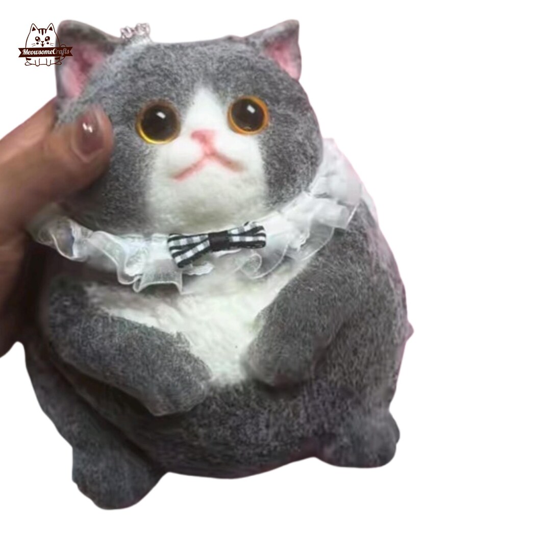 Furry Chubby Grey Cat Squishy Lace Bow Collar Squeezable Stress Relief ...