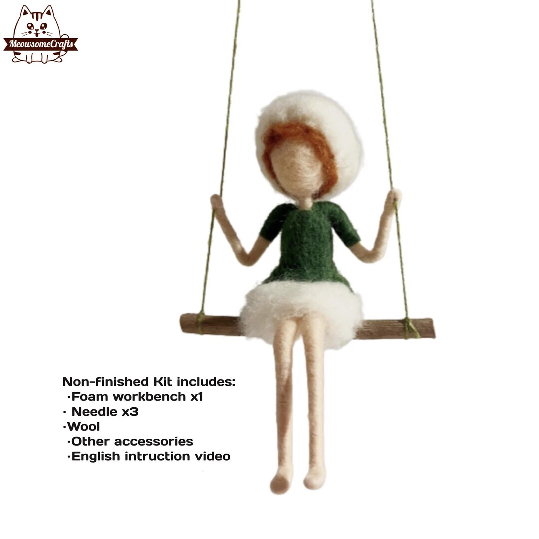 Needle Felt Kits | Fluffy Green Dress Hat Girl on Swing | Beginner ...