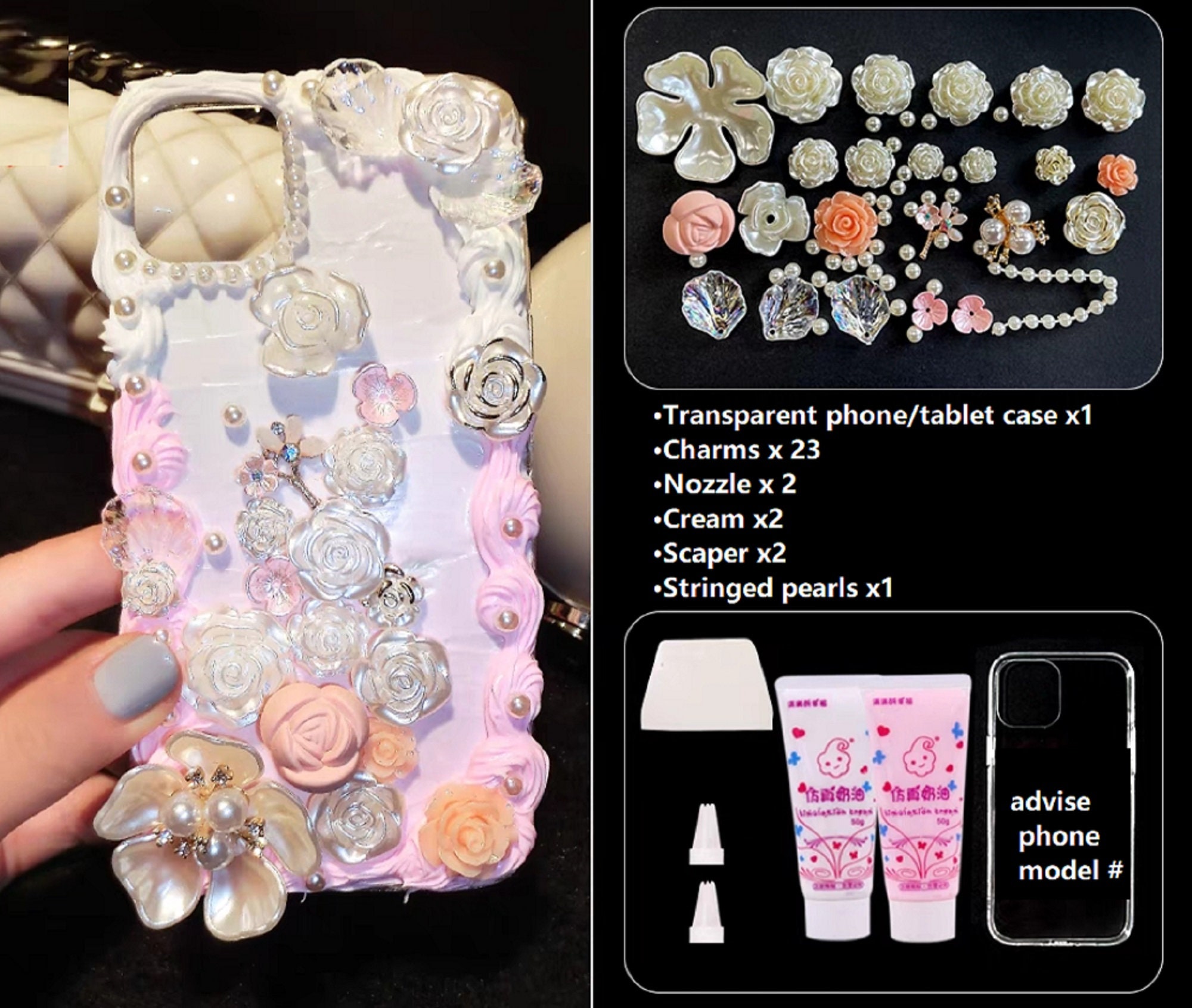 Decoden Phone Case DIY Kit Iridescent Butterflies Flowers Roses Frames ...