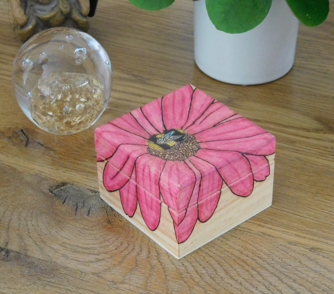 Bumblebee Flower Hand Drawn Pyrography/ring Box/earring Box/keepsake ...