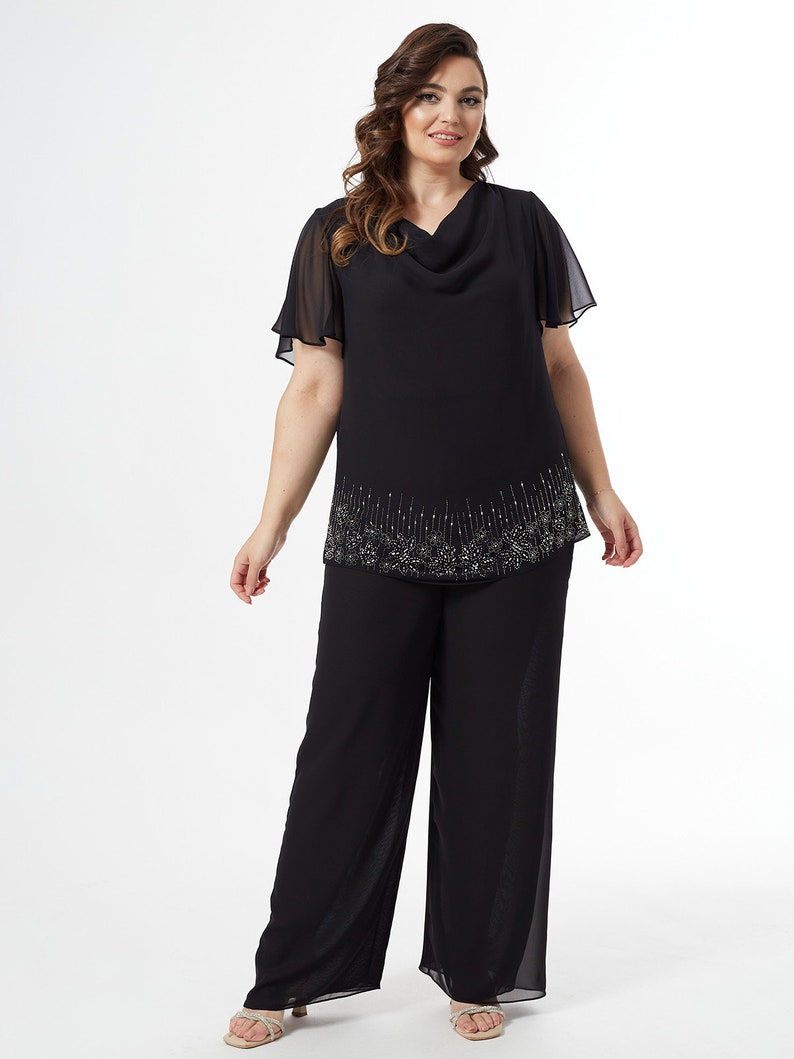 Two Pieces Set, Pullover Collar Blouse, Chiffon Pants, Women's Set ...