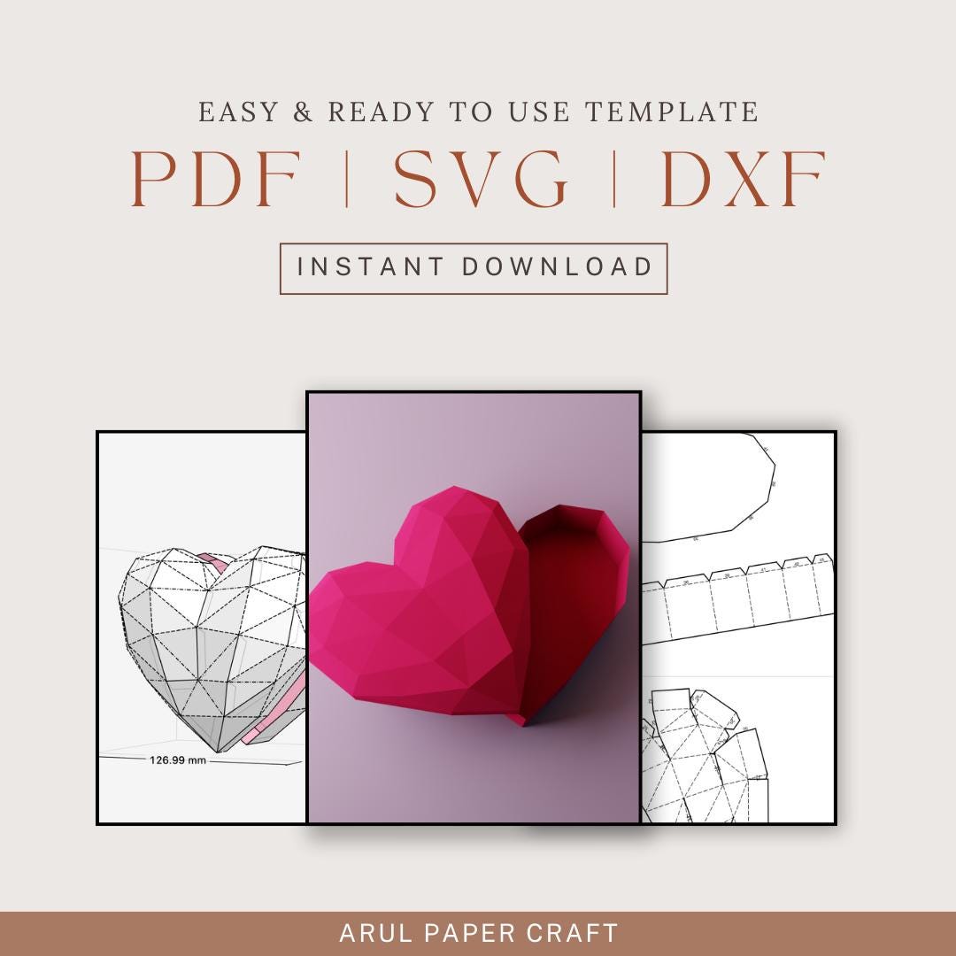 3D Heart Gift Box Template: Lowpoly Papercraft (PDF, SVG, DXF) - Etsy