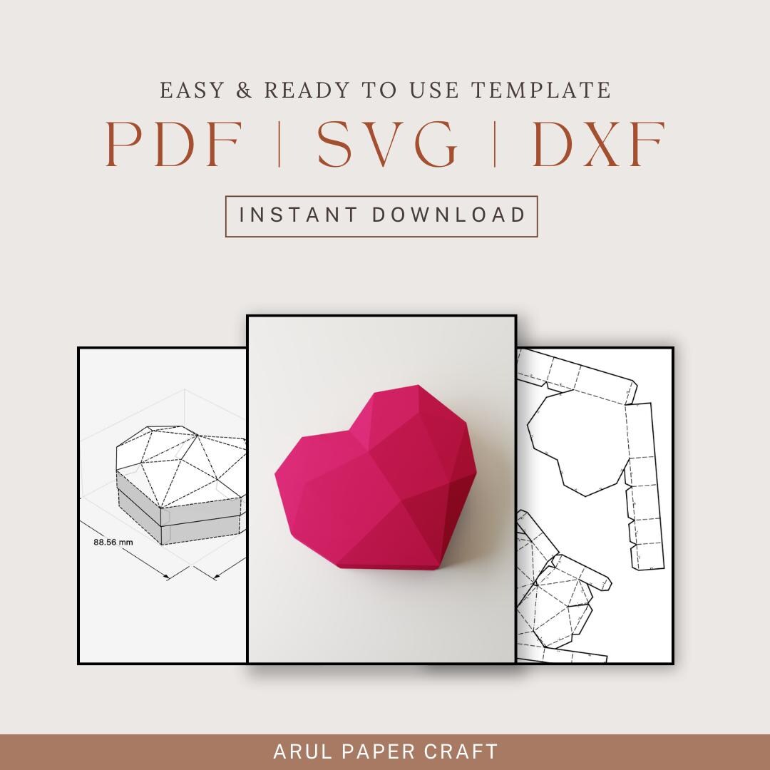 3D Lowpoly Heart Jewel Gift Box Pdf, Svg & Dxf Digital Template - DIY ...