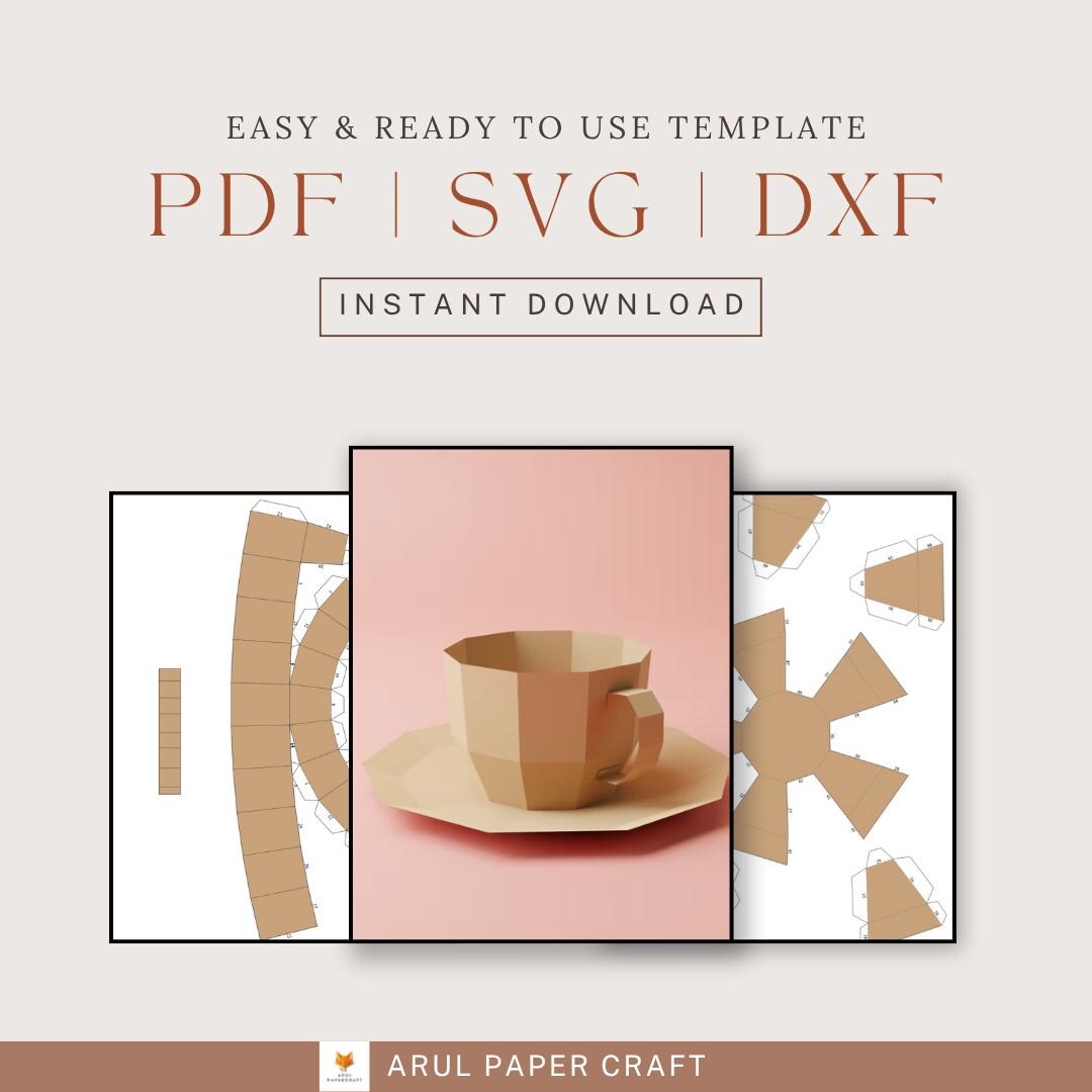 3D Paper Teacup and Saucer Template, Low Poly DIY Model (pdf, Svg, Dxf ...