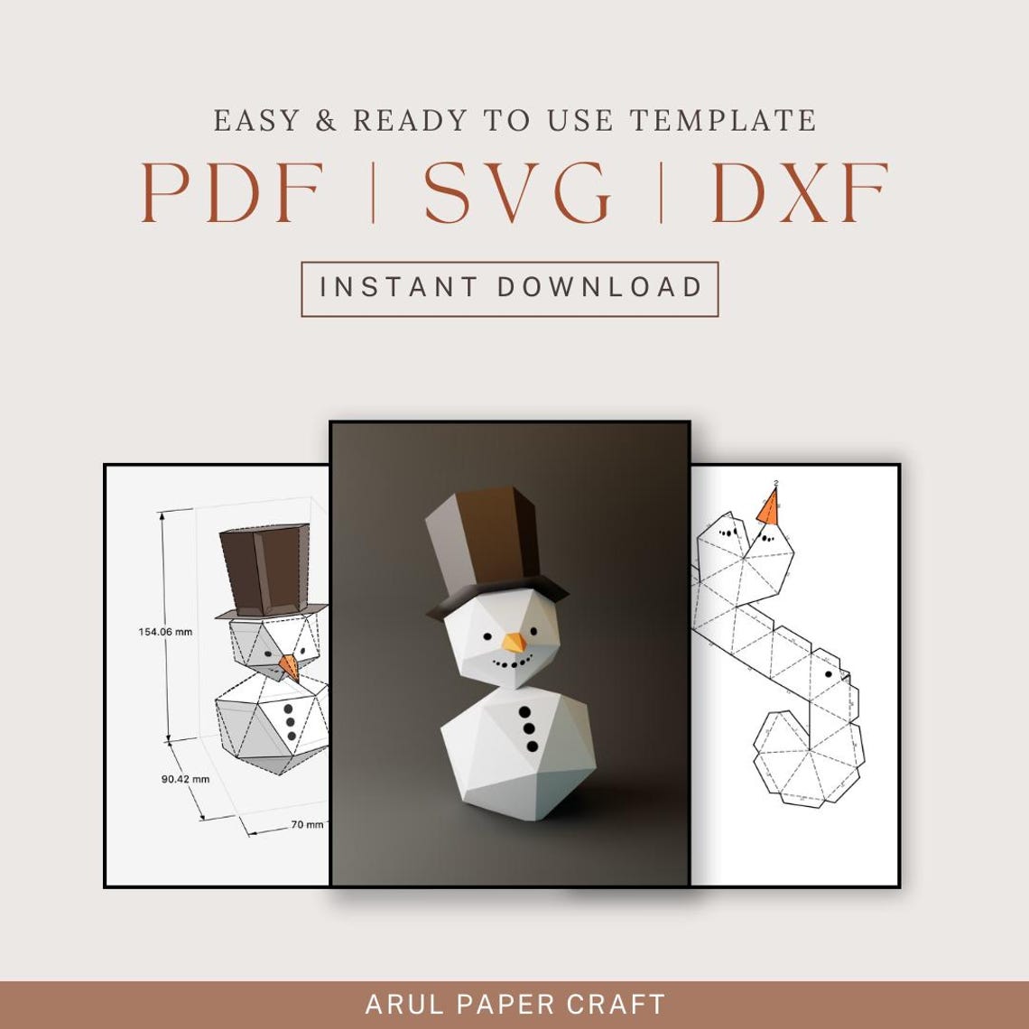 Snowman 3D Papercraft Template Christmas Decor DIY Model in Pdf, Dxf ...