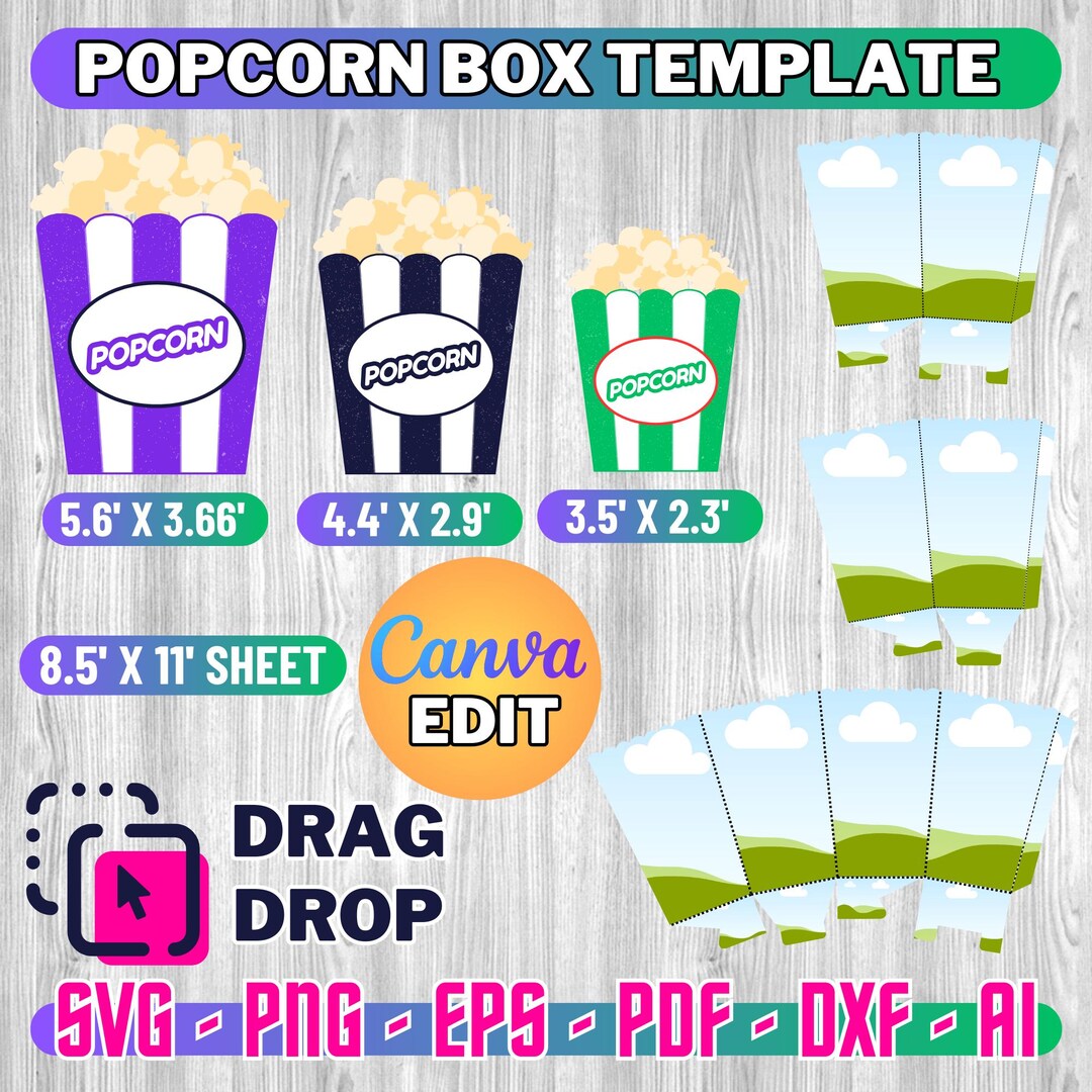 Popcorn Box Template, Popcorn Box Bundle, Popcorn Box Svg, Party Favors ...