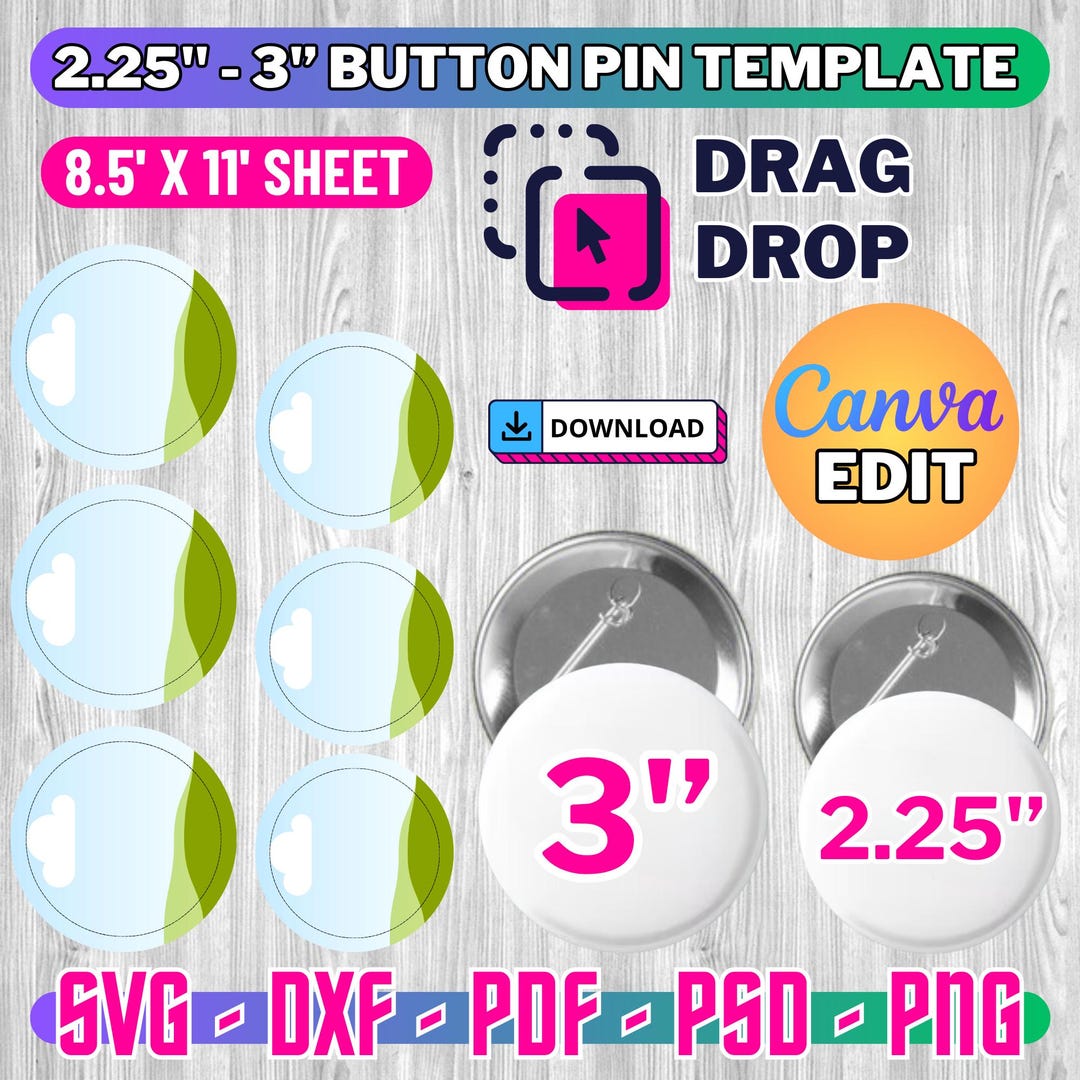 3" Button Pin Template, 2.25" Button Pin Template, Button Pin Svg, Button Pin Blank, Sublimation ...