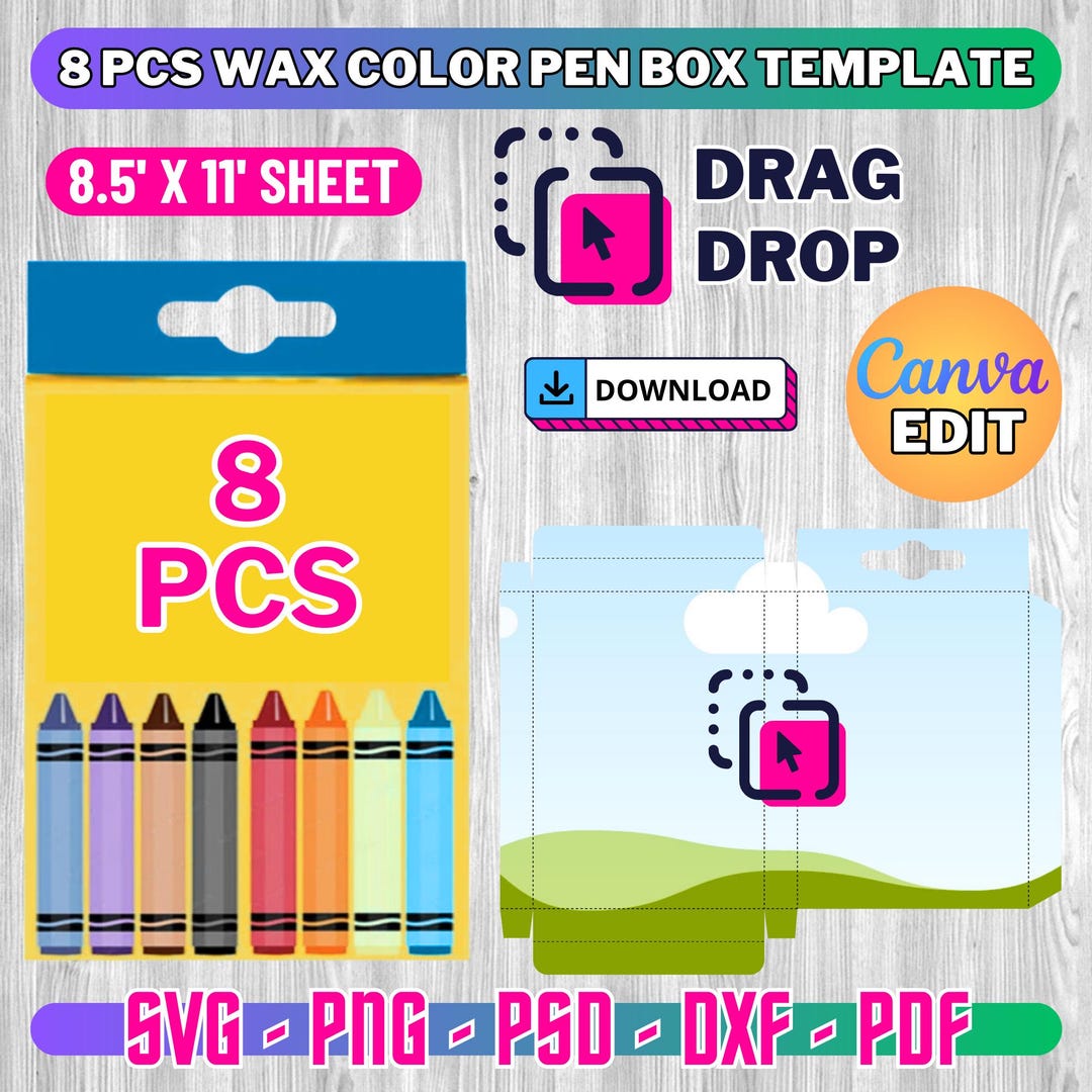 8 Pcs Crayon Box Svg Template, Wax Crayon Box Template, Crayon Favor ...