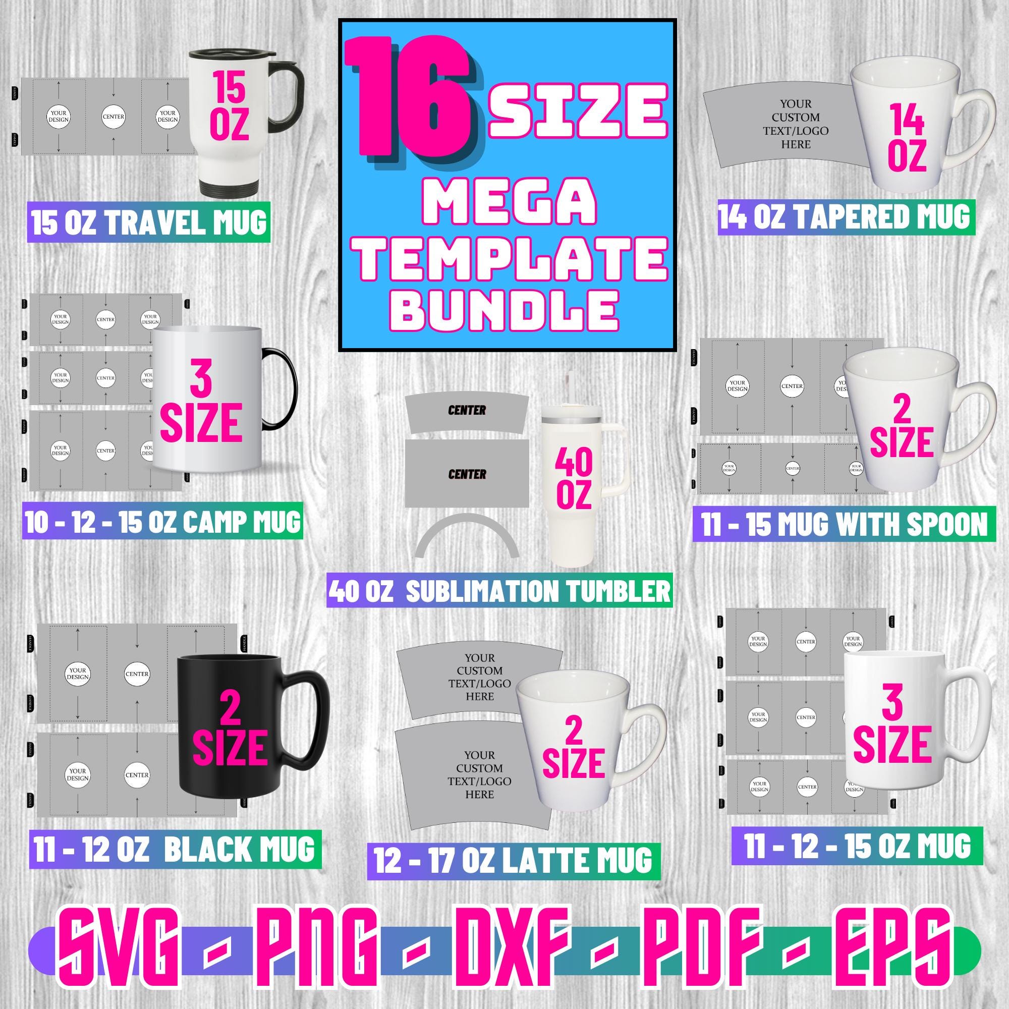 16 Size Mega Mug Template, Mug Template Svg, Mug Template, Tumbler ...