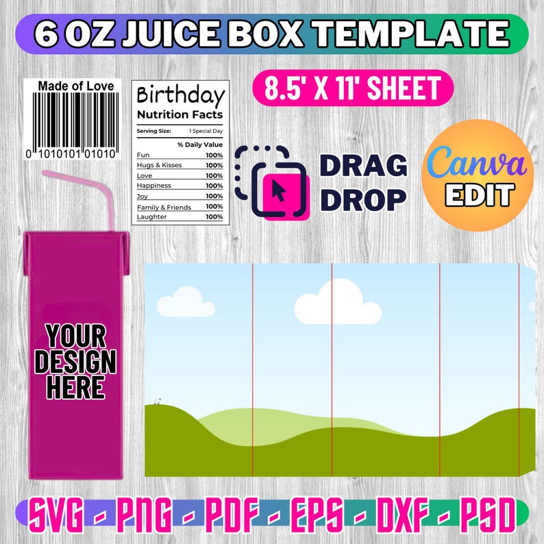 6 Oz Juice Box Wrapper Template: SVG, Canva (digital Download) - Etsy