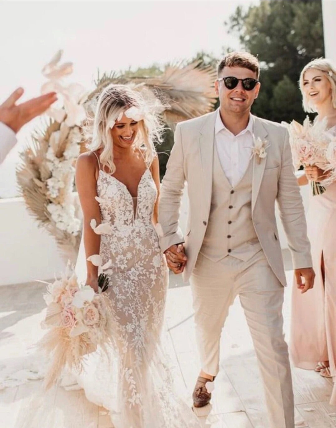 Three Piece Suit Linen Beige Mens Suit for Wedding, Engagement, Prom ...