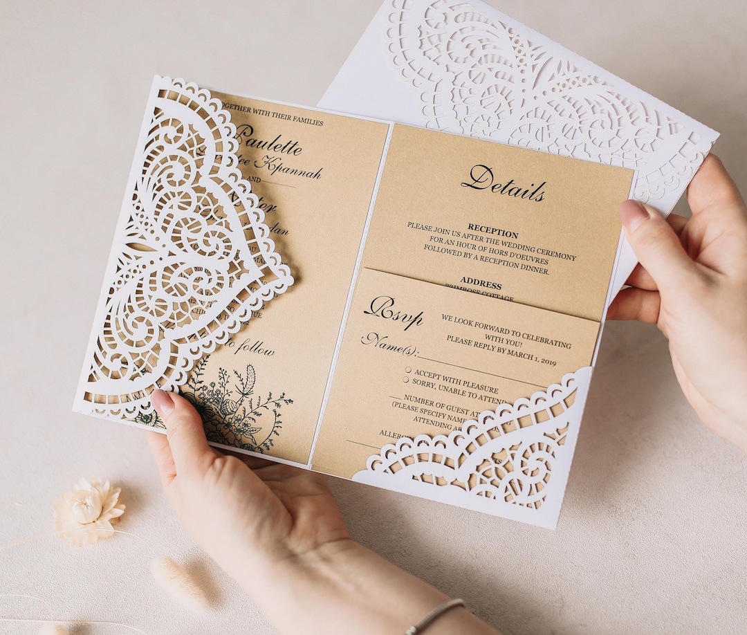 Lace Rustic Invitation Svg Template, Lace Tri Fold Invitation With Rsvp ...