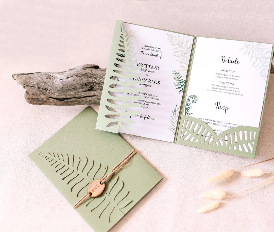 Fern Wedding Invitation Template Svg, Tri Fold Pocket Fern Invite 5x7 ...