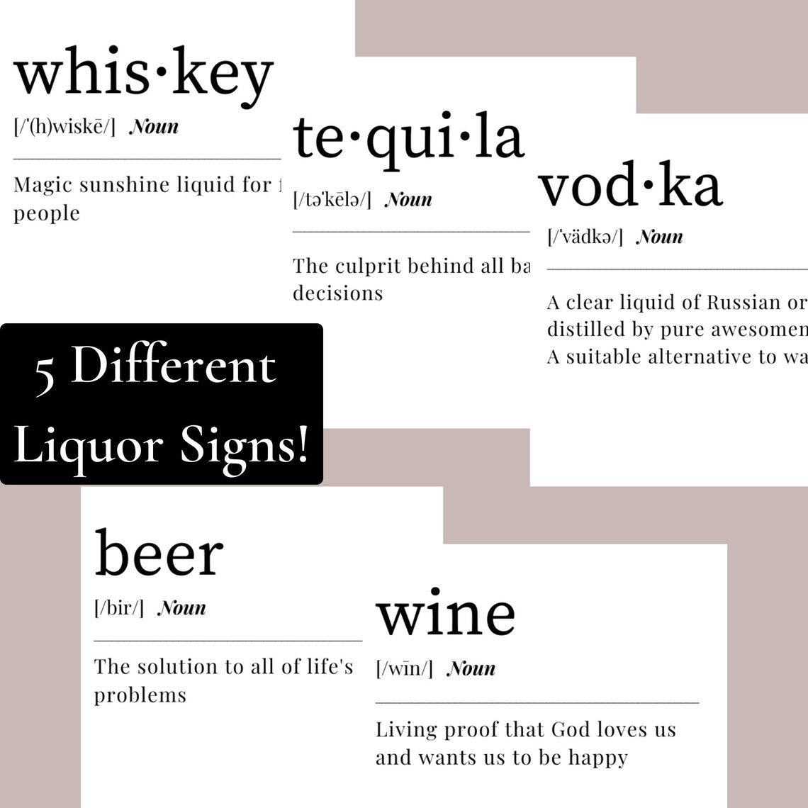 Set of 5 Alcohol Definition Signs, Black & White Liquor Signs, Bar Wall ...