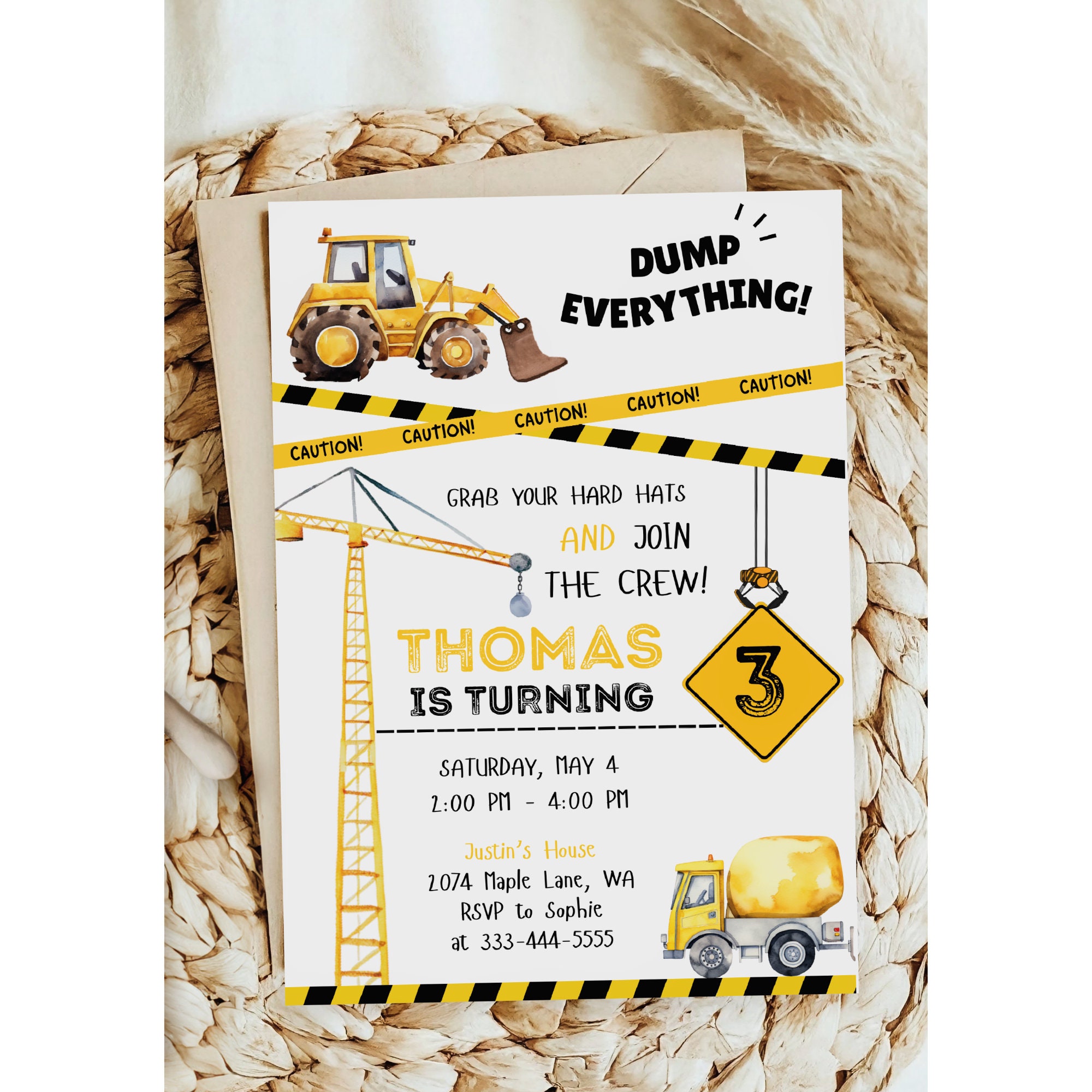 Modern Construction Birthday Digital Invitation, EDITABLE Dump Trucks ...