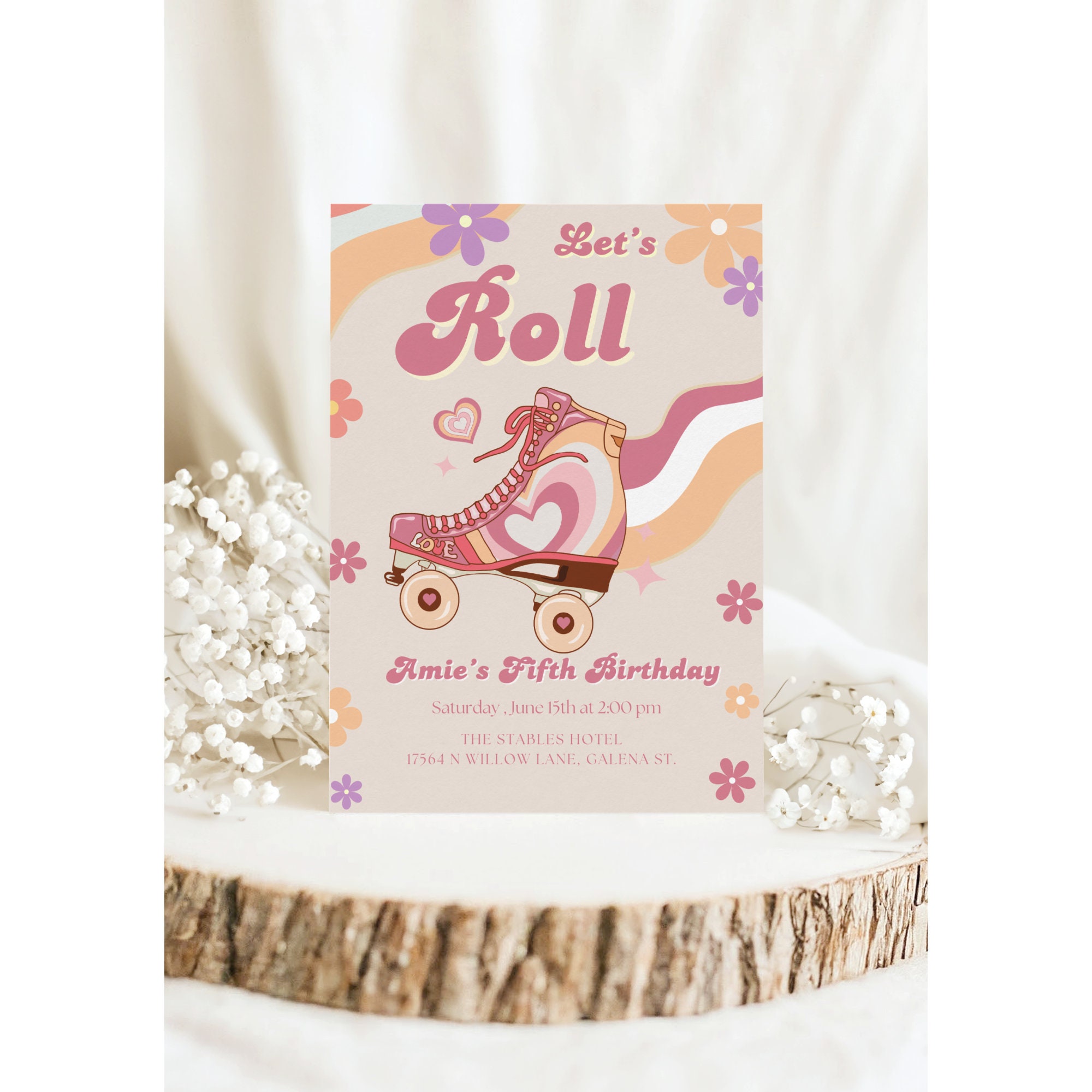 Editable ANY AGE Let's Roll Retro Groovy Roller Skate Birthday Party ...