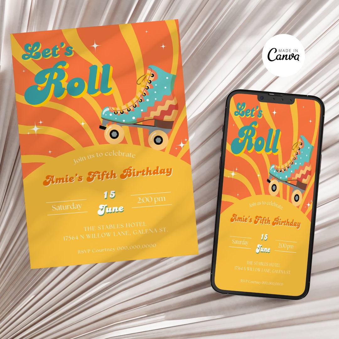 Editable ANY AGE Let's Roll Retro Groovy Roller Skate Birthday Party ...