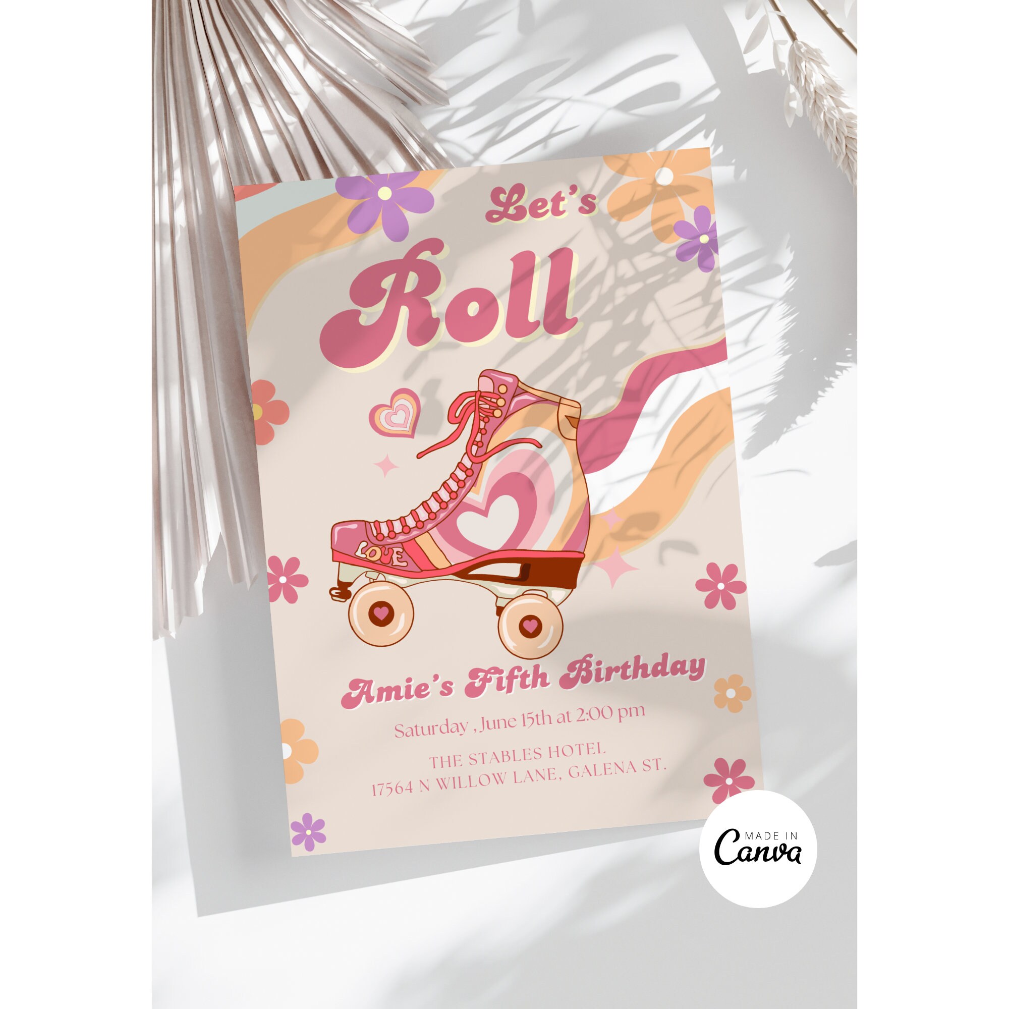 Editable ANY AGE Let's Roll Retro Groovy Roller Skate Birthday Party ...