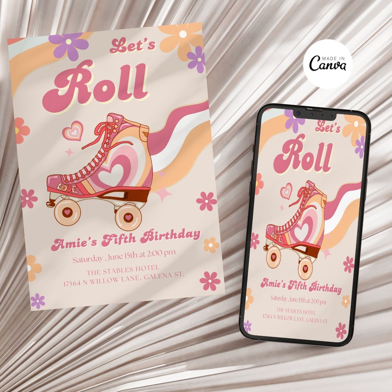 Editable ANY AGE Let's Roll Retro Groovy Roller Skate Birthday Party ...