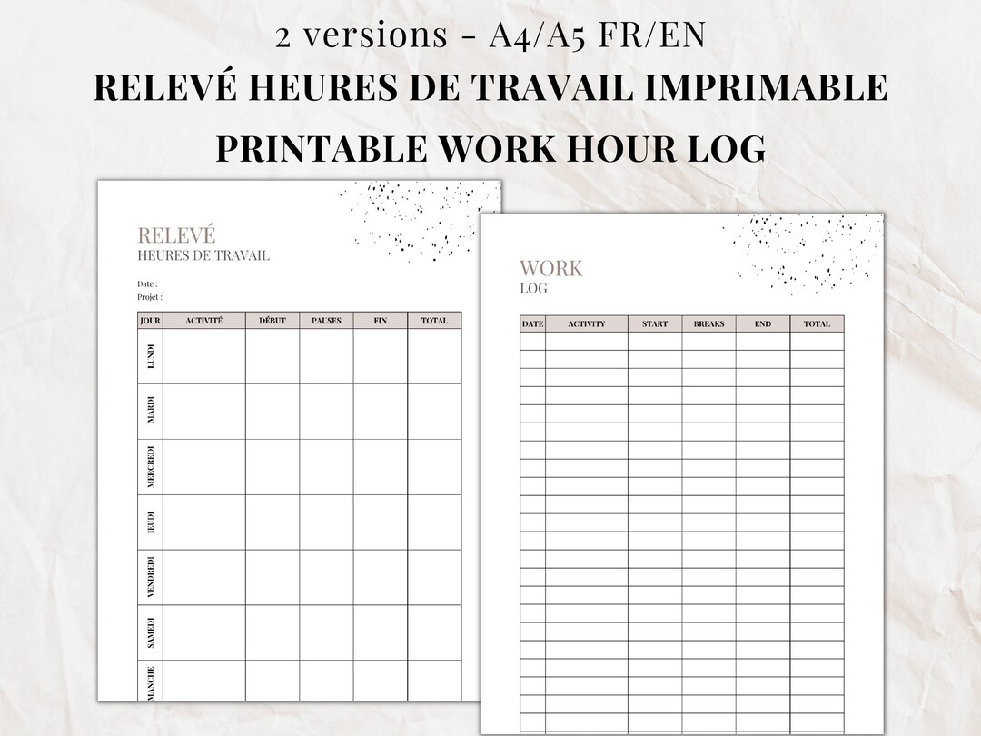 Printable Work Hour Log Timesheet Tracker A4/A5 FR/EN - Etsy