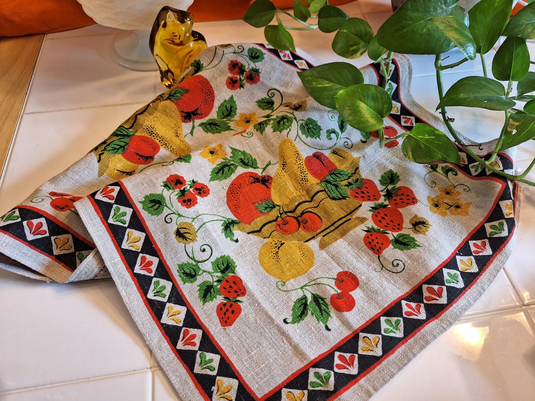 Vintage Mid-century Tropical Fruit Bowl Pattern Colorful Linen - Etsy